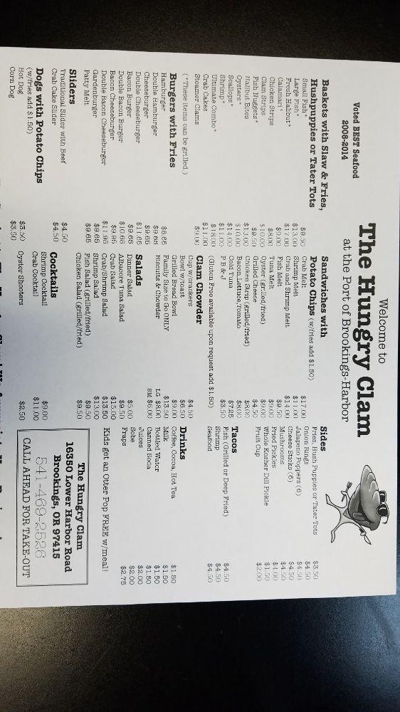 Menu at Hungry Clam restaurant, Brookings