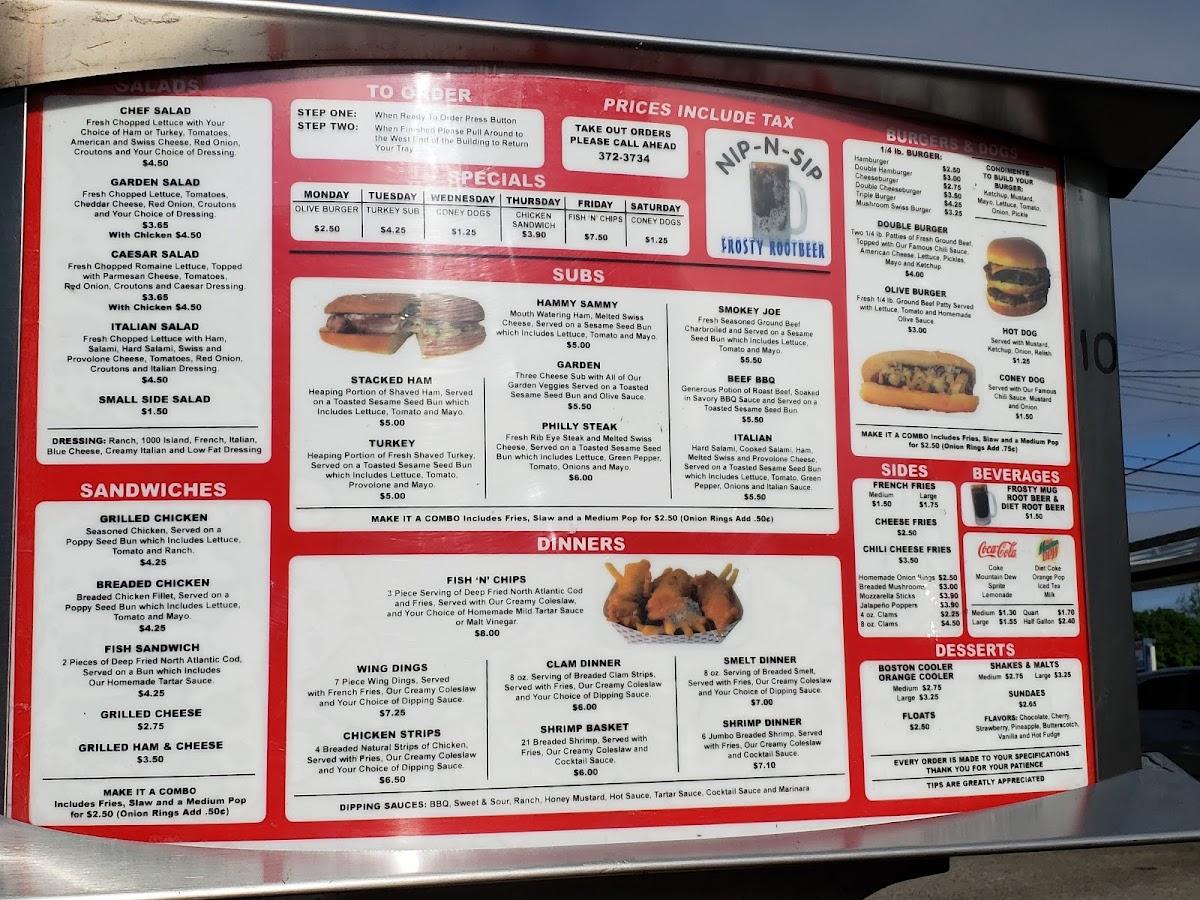 Menu at Nip N Sip Drive In restaurant, Lansing, N East St