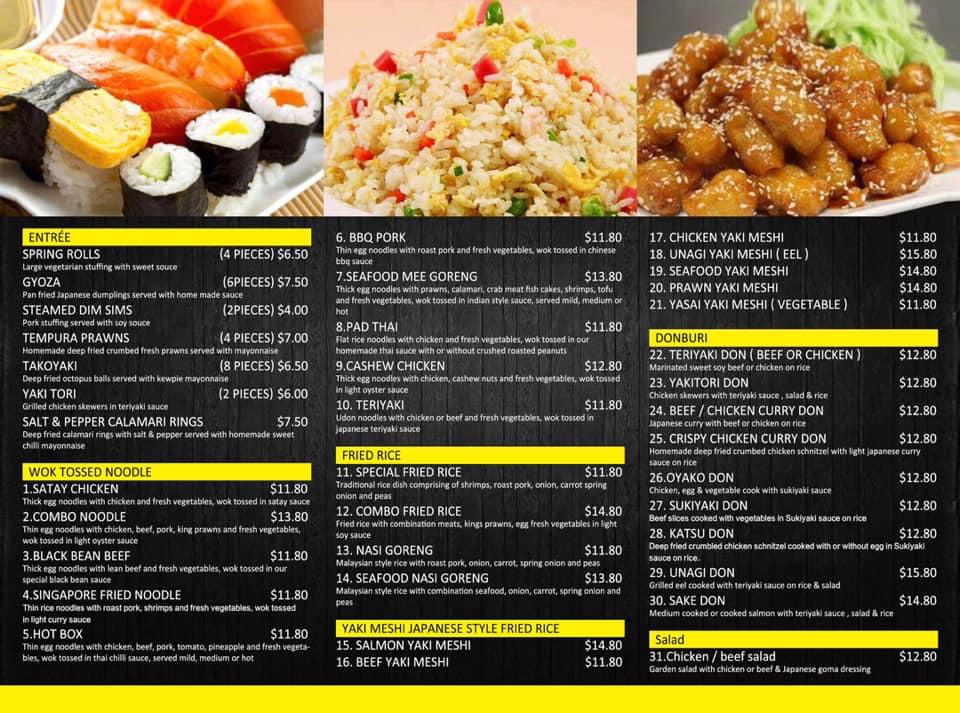 Menu at Noodle and Sushi Paradise restaurant, West Mackay