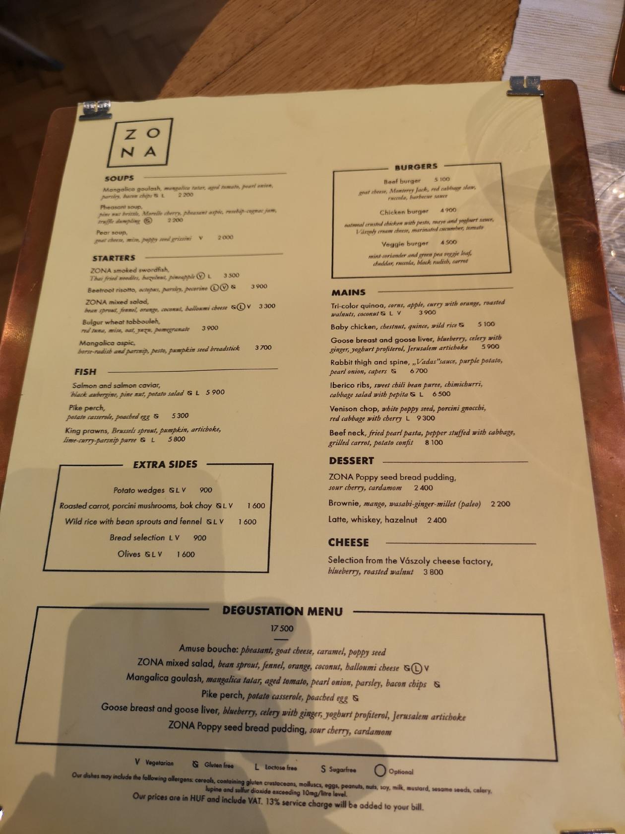 Menu at ZONA restaurant, Budapest