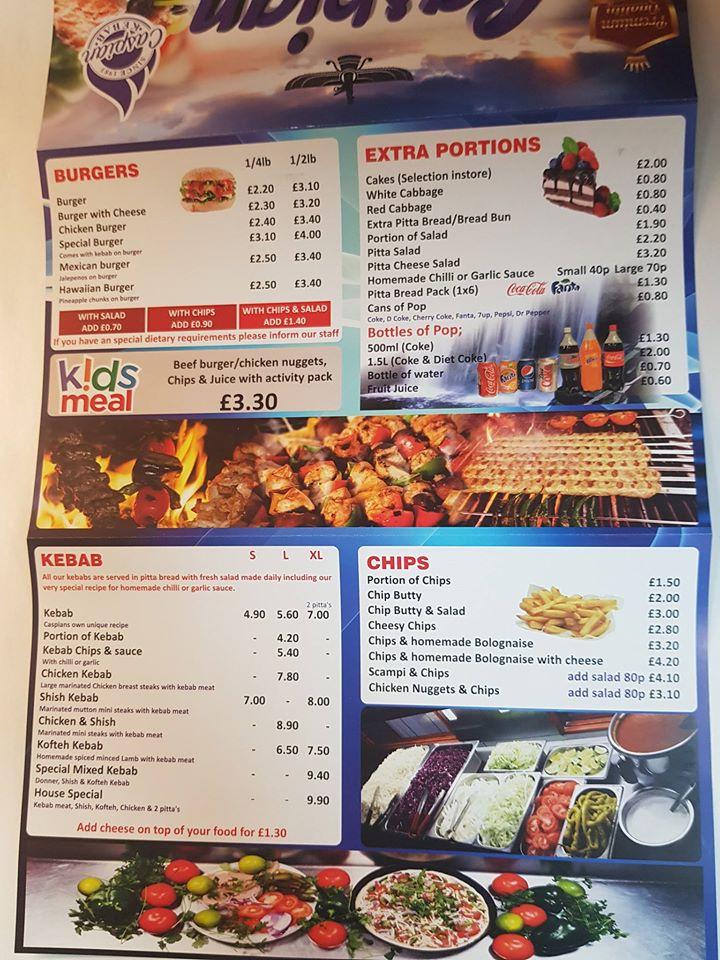 Menu at Caspian Kebab fast food, Birtley, 18 Talbot Ter