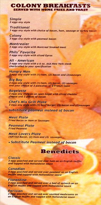 Menu at Colony restaurant, Toronto