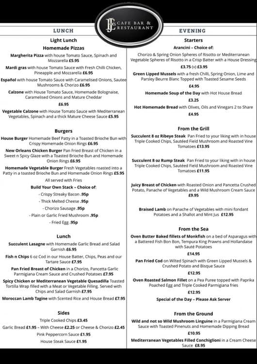 Menu at EJ's Cafe, Bar and Restaurant, Llanelli