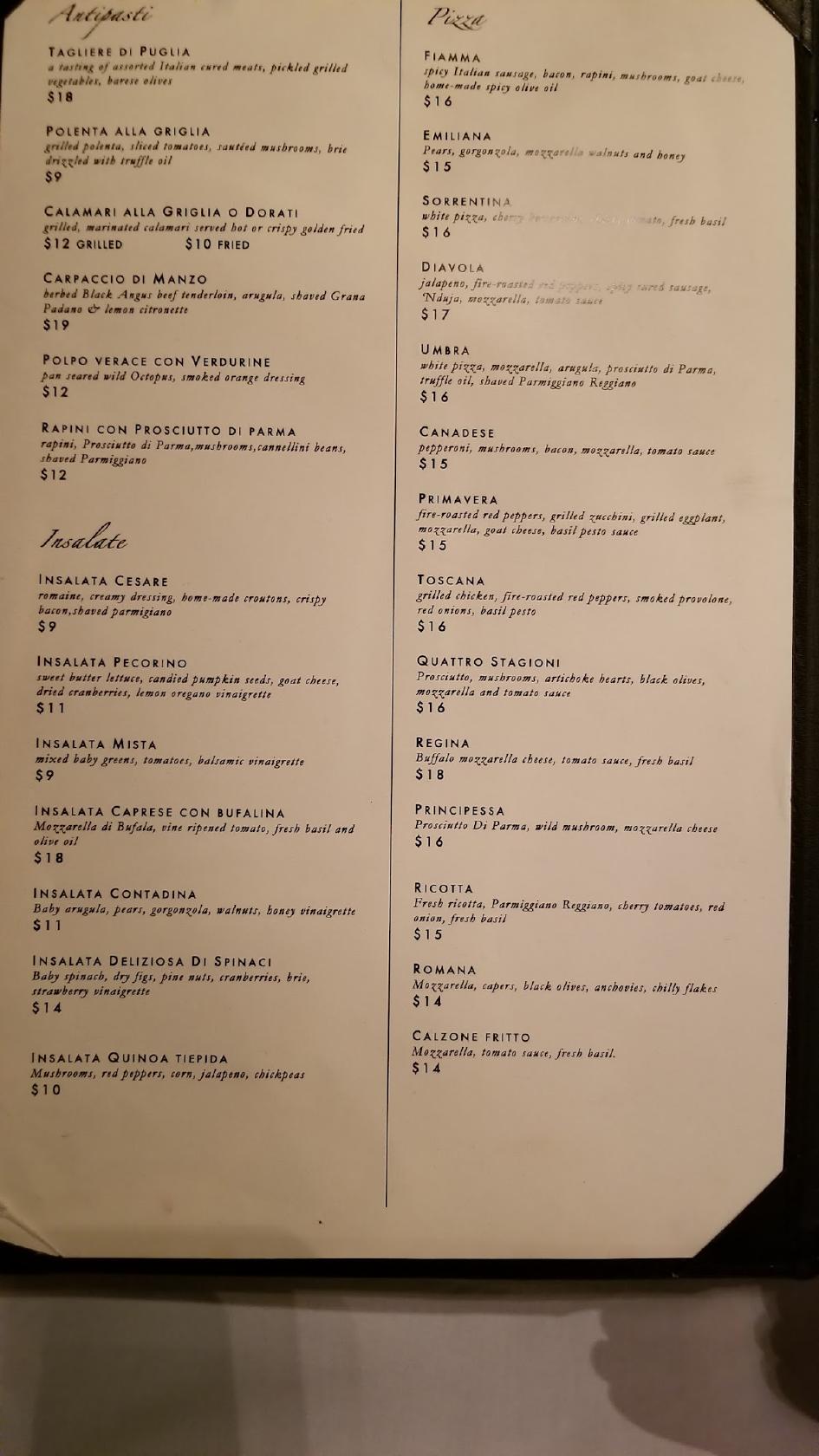Menu at FiAMMA Restaurant, Toronto