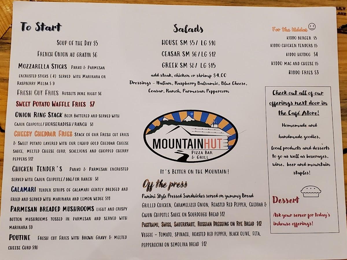 Menu at Mountain Hut pub & bar, USA