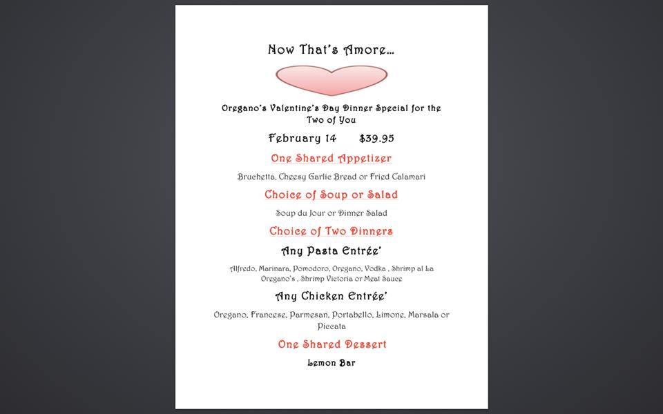 Menu at Oregano's Corner Cafe, Hawthorn Woods, 119 Gilmer Rd