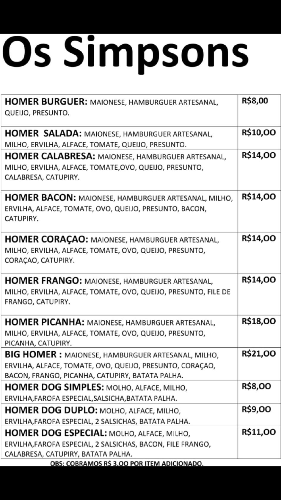 Menu em Os Simpsons Food restaurante, Cascavel