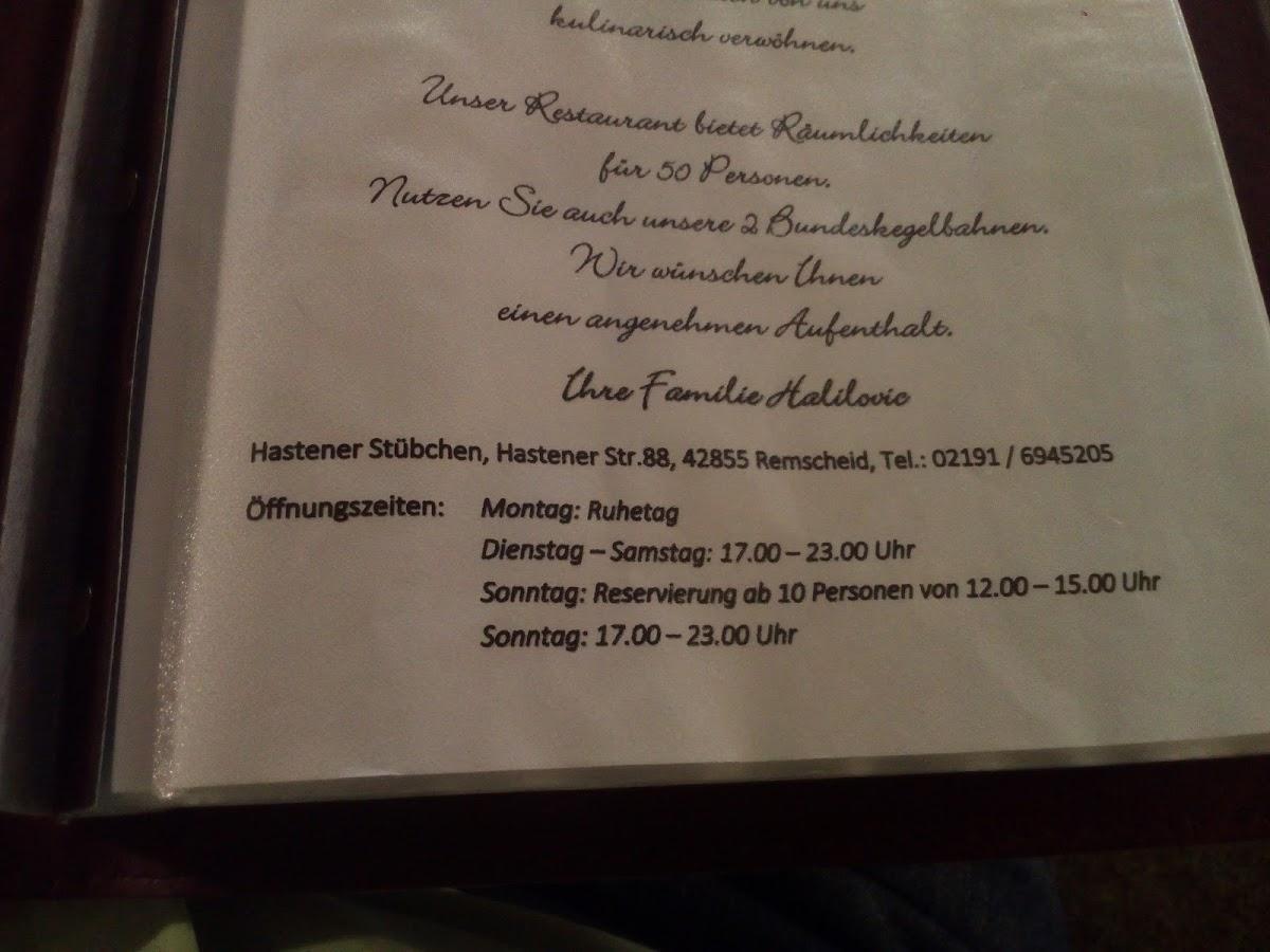 Speisekarte von Hastener Stübchen steakhaus, Remscheid