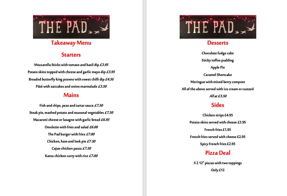 Menu at The Pad pizzeria, Neilston, 105 Main St