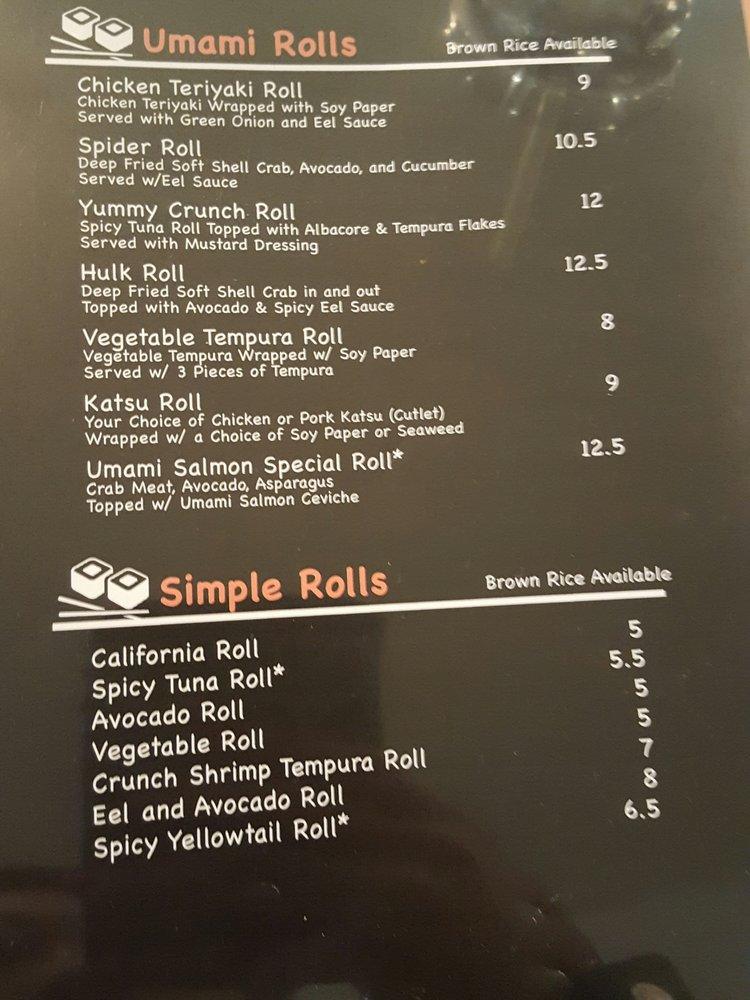Menu at Umami restaurant, Fayetteville
