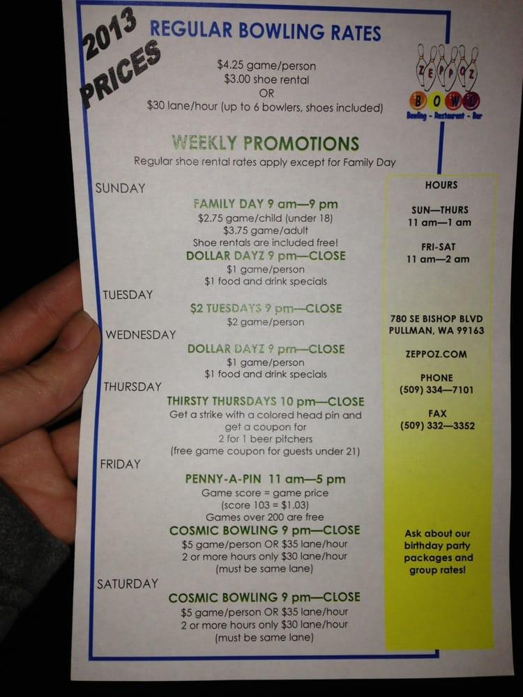 Menu at Zeppoz Bowling, Restaurant, Sports Bar and Casino, Pullman