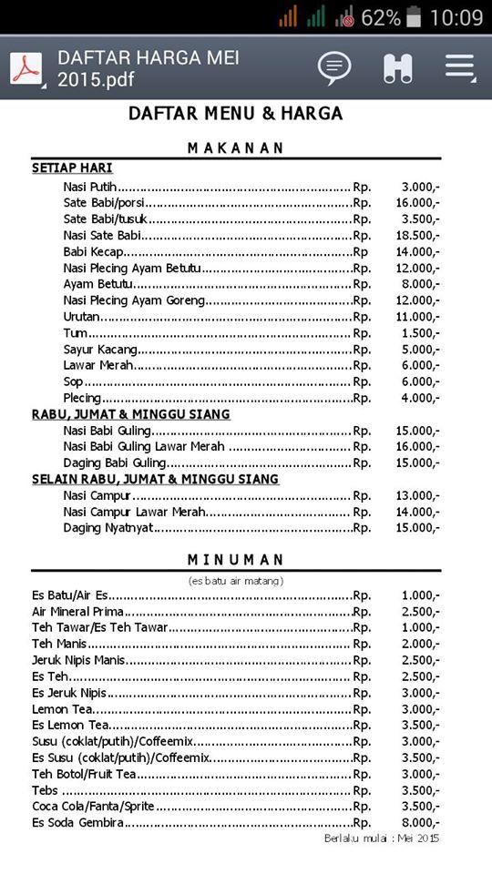 Menu at Bima Kroda restaurant, Banguntapan
