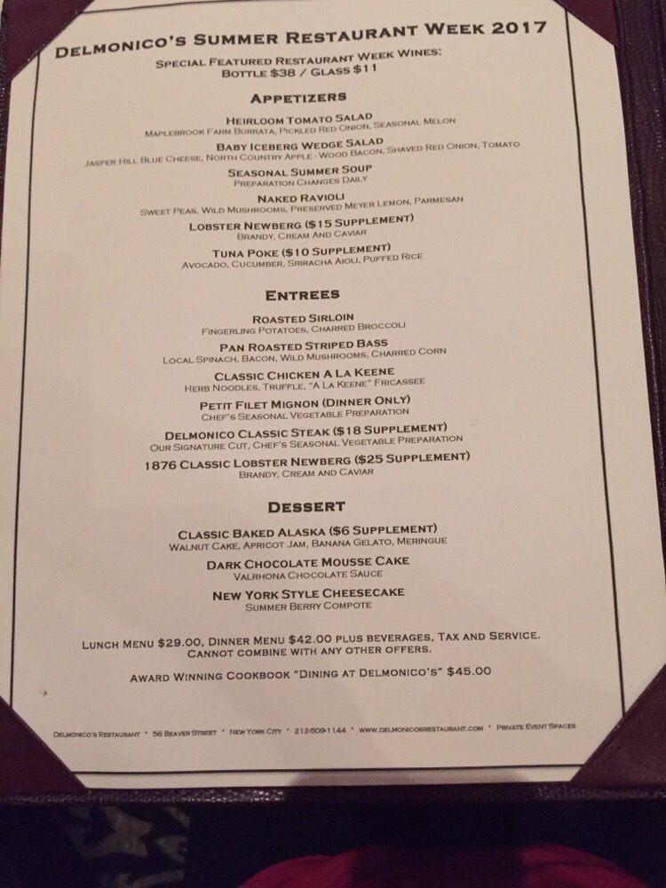 Menu at Delmonico's steakhouse, New York City