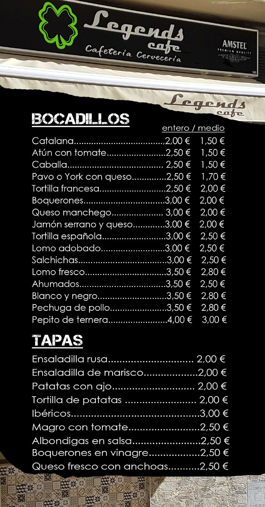 Menu at Legends cafe, Alicante