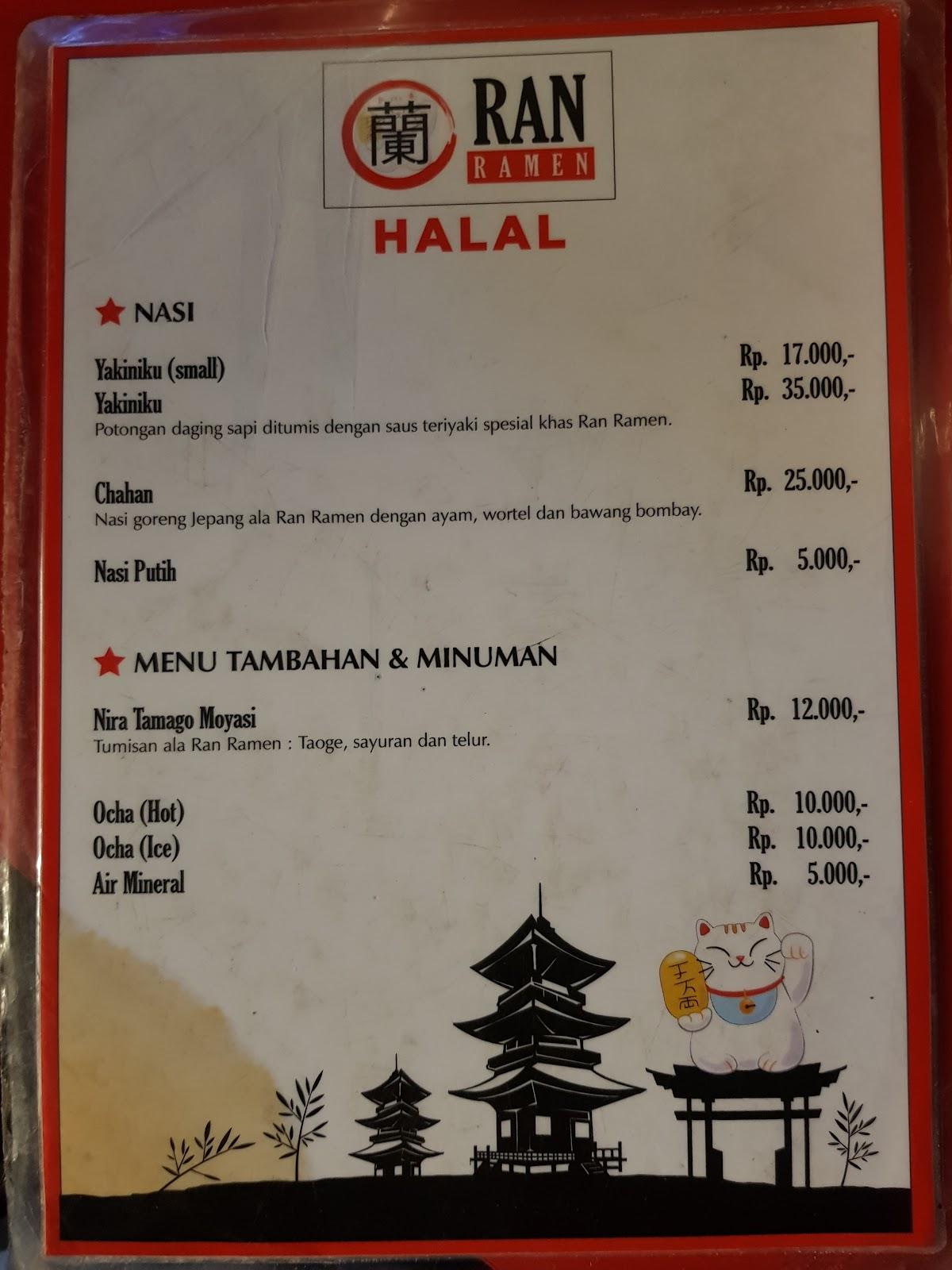 Menu at RAN Ramen restaurant, South Jakarta