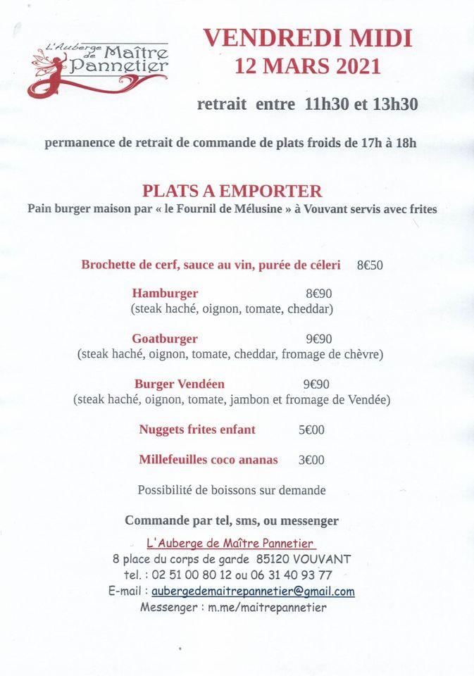 Menu au Auberge de Maître Pannetier pub et bar, Vouvant