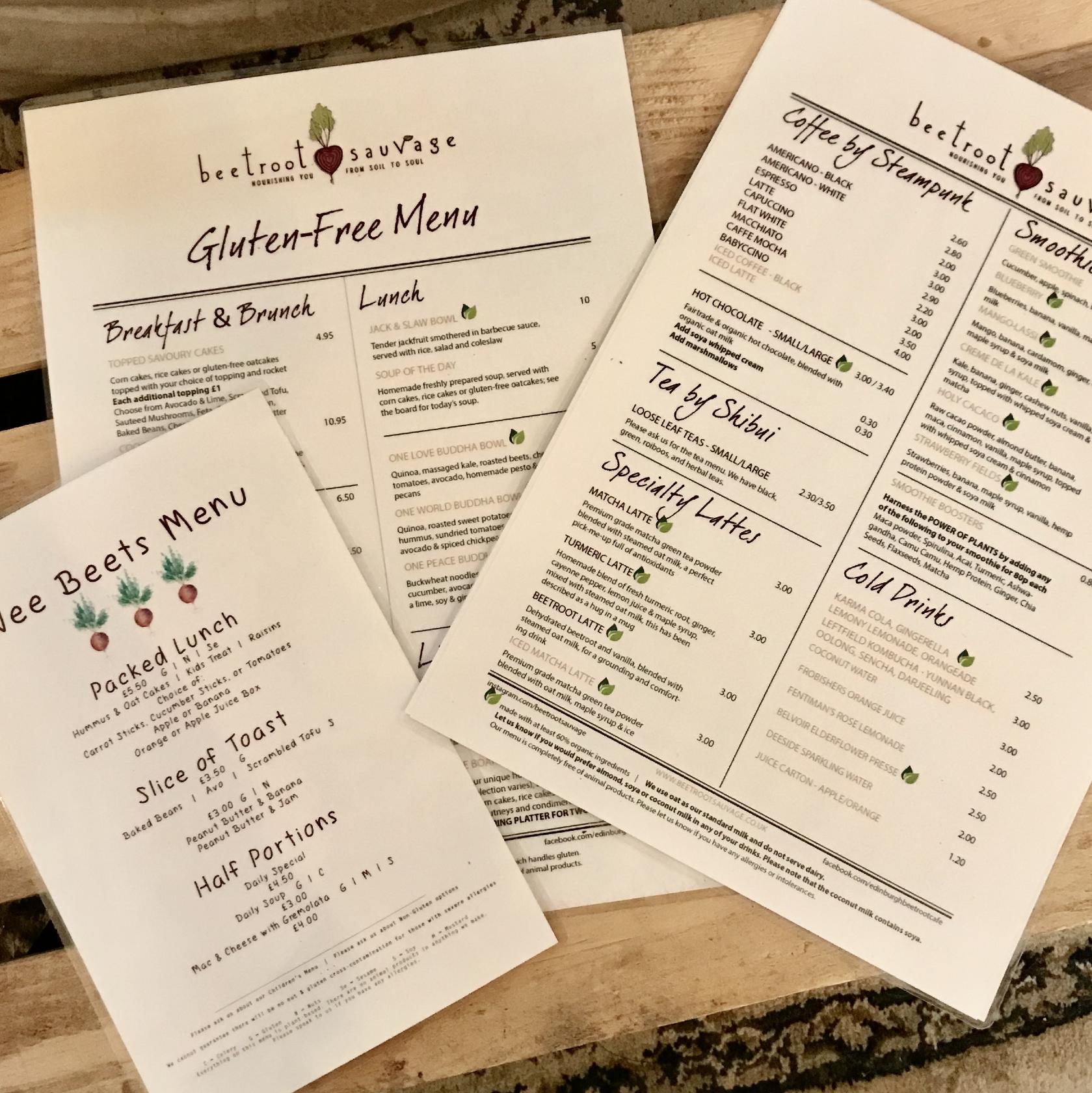 Menu at Beetroot Sauvage restaurant, Edinburgh