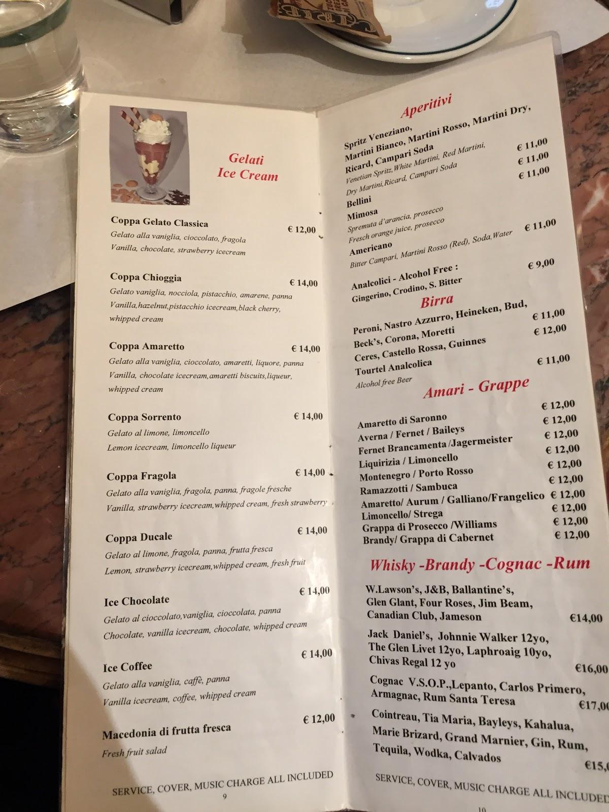 Menu da Caffè Chioggia pub & bar, Venezia, Piazza San Marco 8