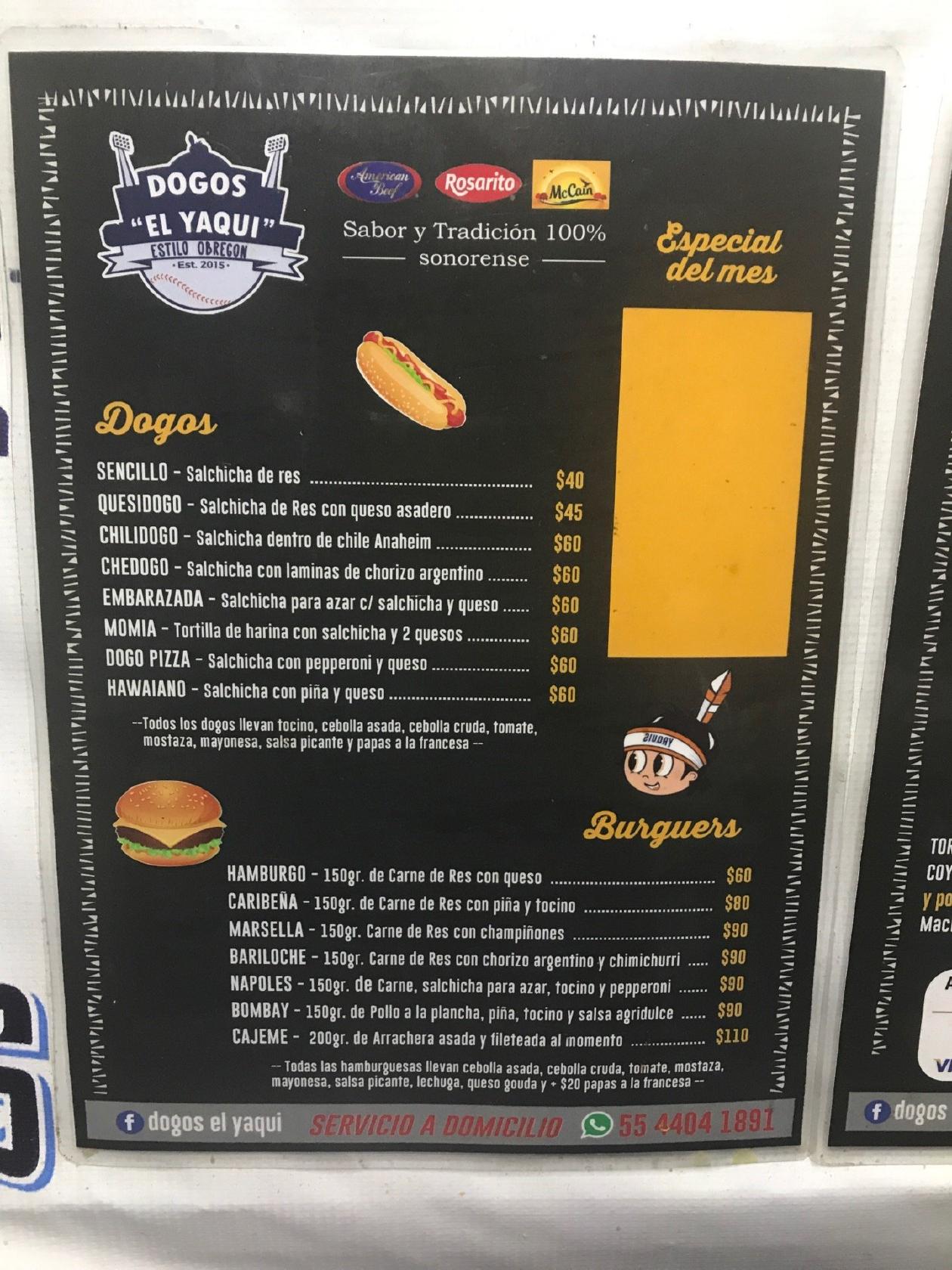 Menu at Dogos "El Yaqui" restaurant, Mexico City