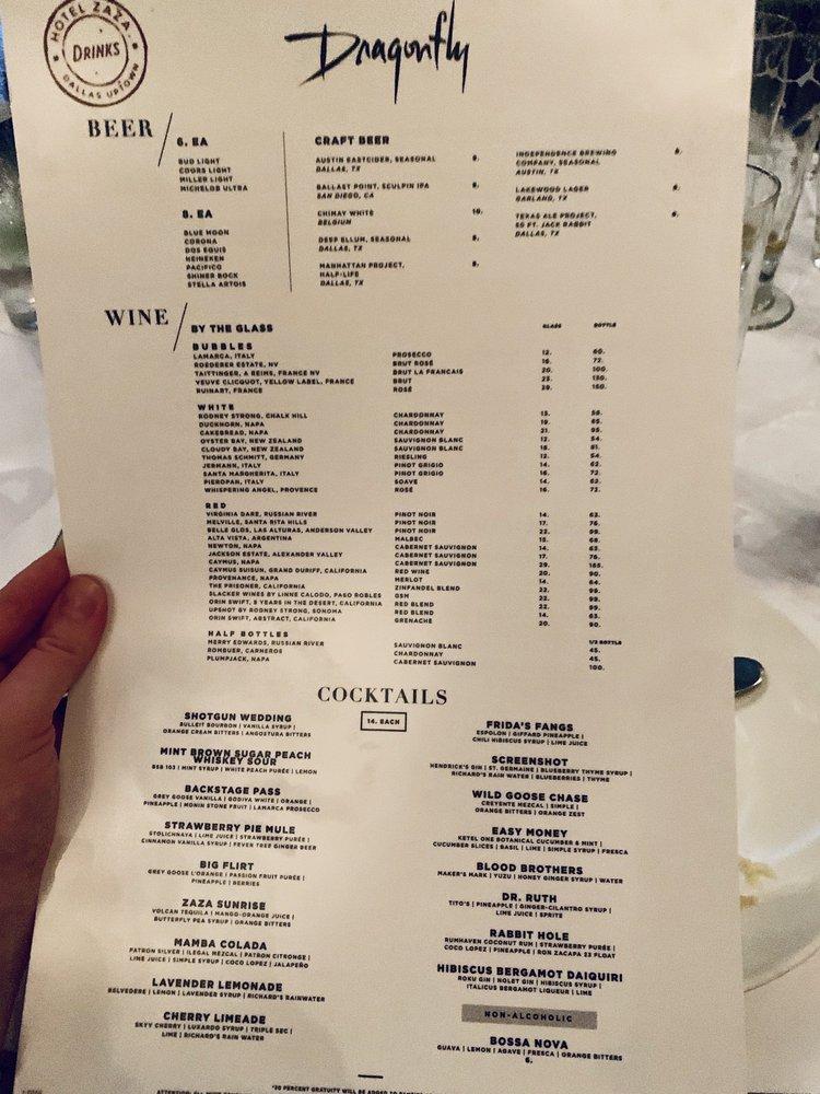 Menu at Dragonfly restaurant, Dallas