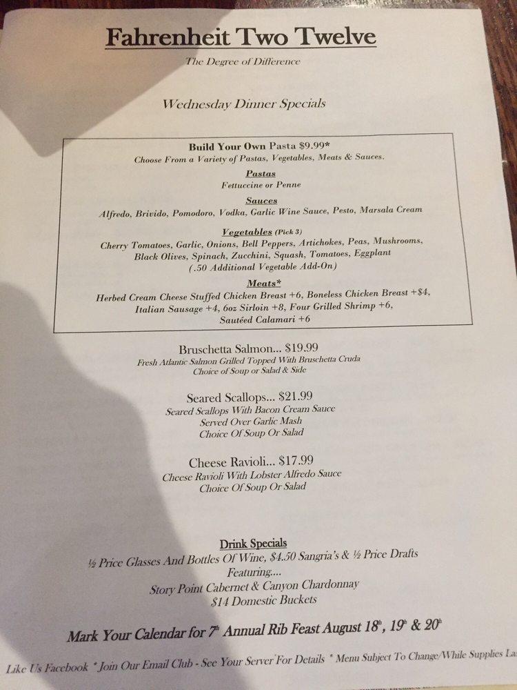 Menu at Fahrenheit Two Twelve BBQ, Crown Point