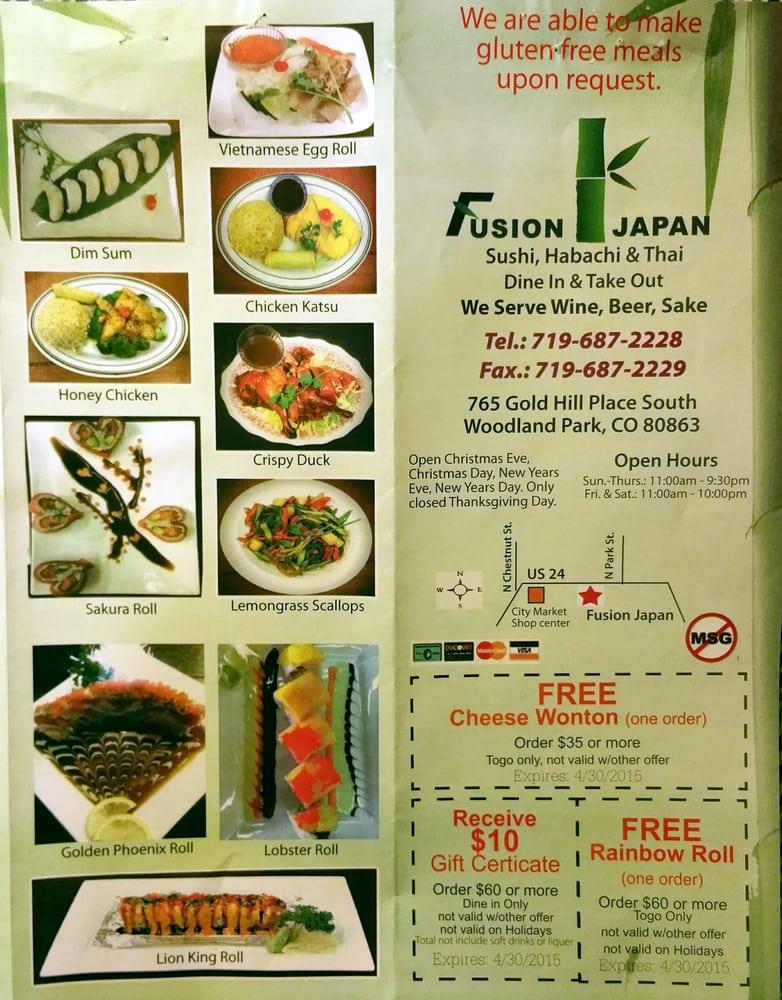 Menu at Fusion Japan restaurant, Woodland Park, 765 Gold Hill Pl S