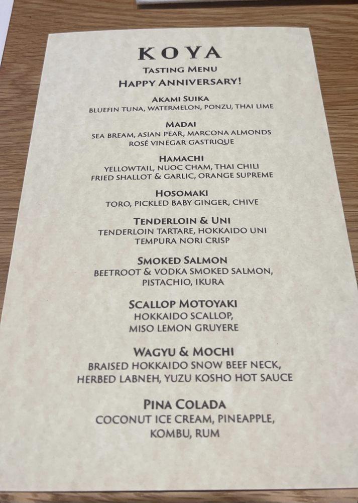 Menu at Koya restaurant, Tampa