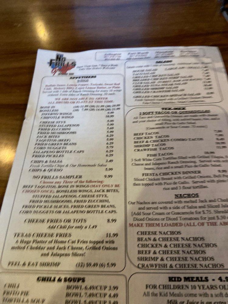 Menu at No Frills Grill & Sports Bar - Arlington, TX, Arlington, 4914 ...