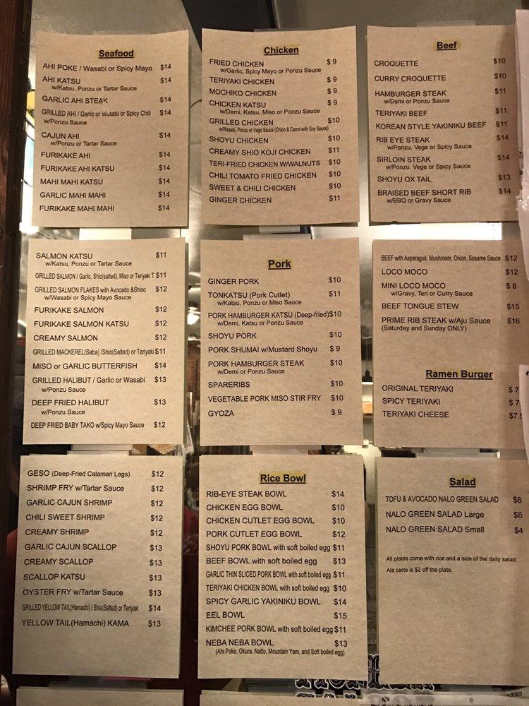 Menu at Pioneer Saloon restaurant, Honolulu, Monsarrat Ave