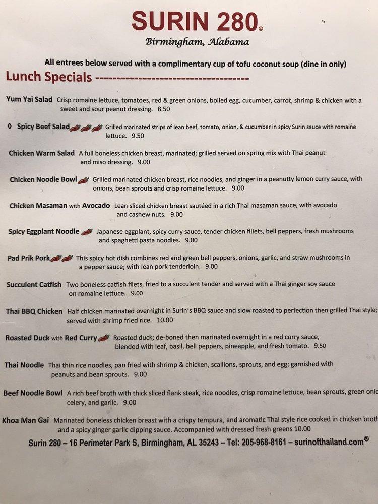 Menu at Surin 280 restaurant, Birmingham, 16 Perimeter Park S