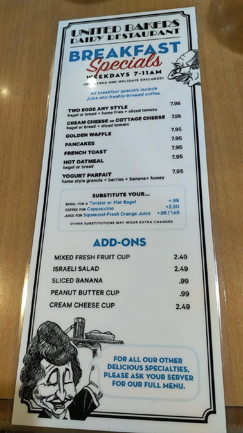 Menu at United Bakers Dairy Restaurant, Toronto