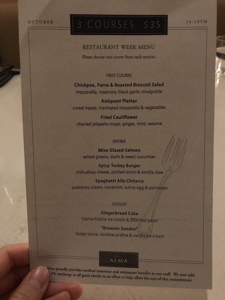 Menu at Alma cafe, Minneapolis, 528 University Ave SE