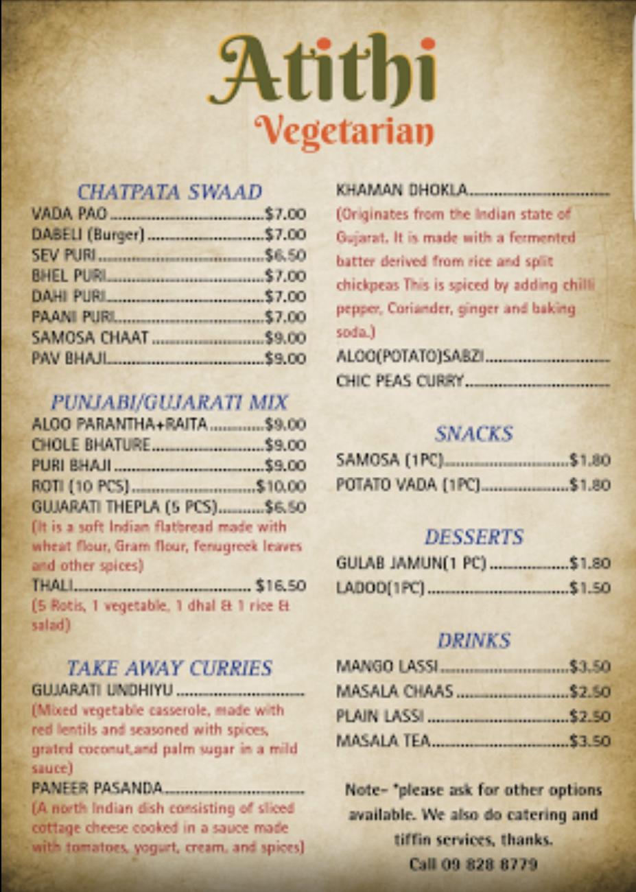 Menu at Atithi-Vegeterian restaurant, Auckland