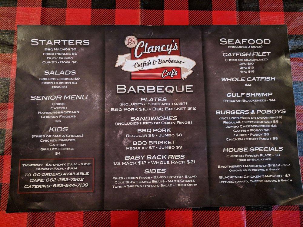 Menu at Clancy's Cafe, Red Banks, 4078 MS-178