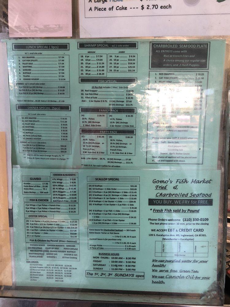 Menu at Gomo's Fish Market restaurant, Inglewood