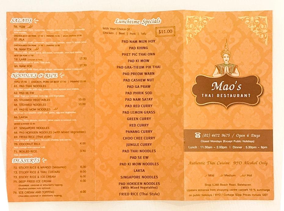 Menu at Mao's Thai Restaurant, Batehaven, 5/268 Beach Rd