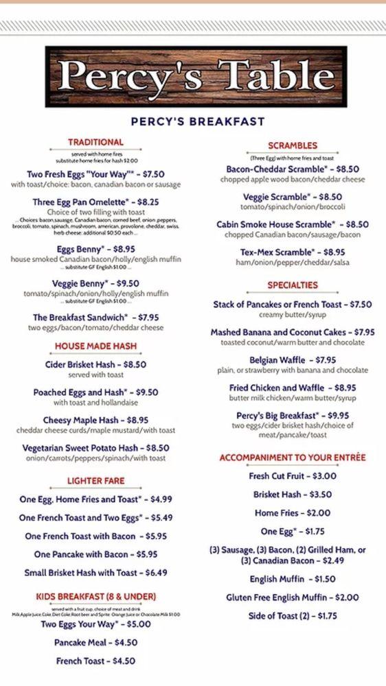 Menu at Percy's Table restaurant, Standish