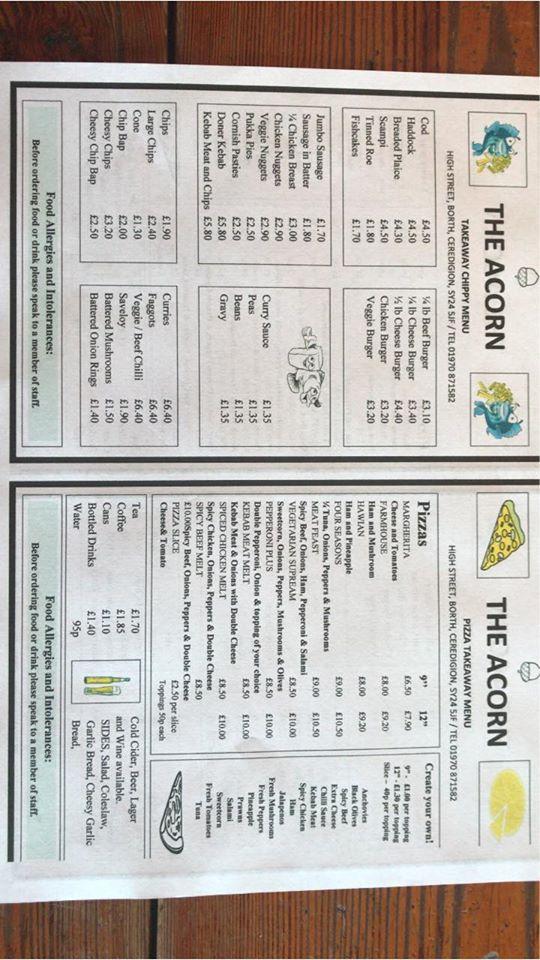 Menu at The Acorn fast food, Borth