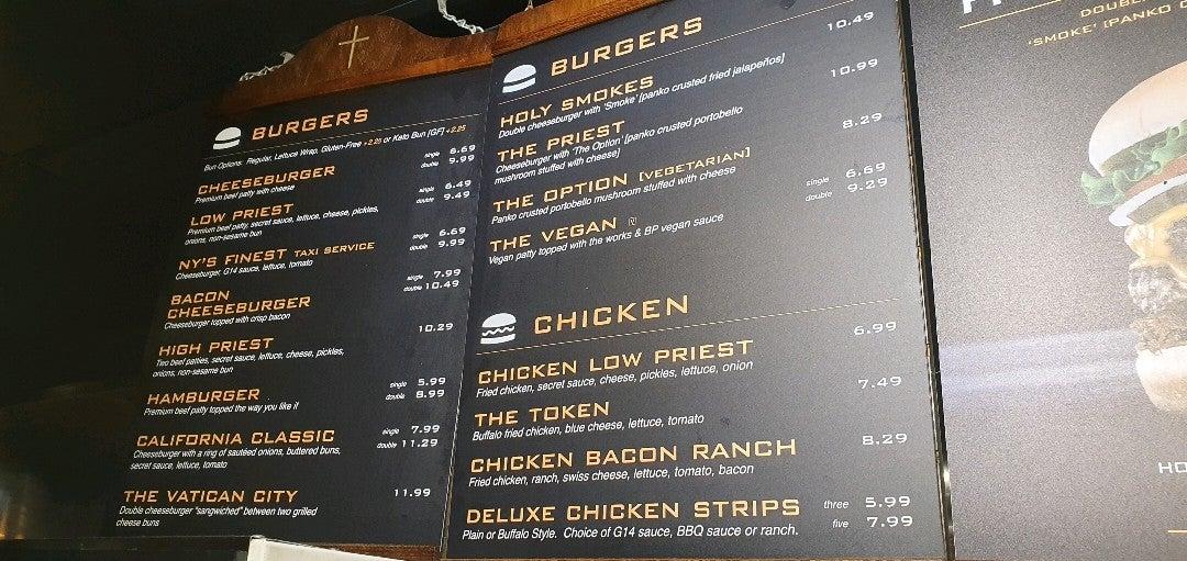 Menu at The Burger's Priest restaurant, Toronto, Dufferin St