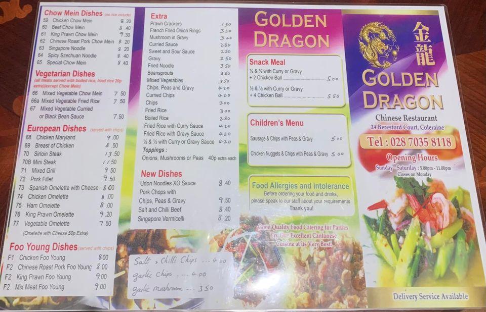 Menu at The Golden Dragon restaurant, Coleraine