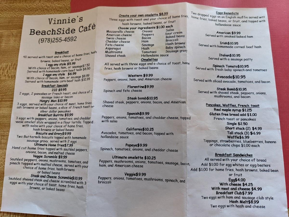 Menu at Vinnie's Beachside Café restaurant, Salisbury