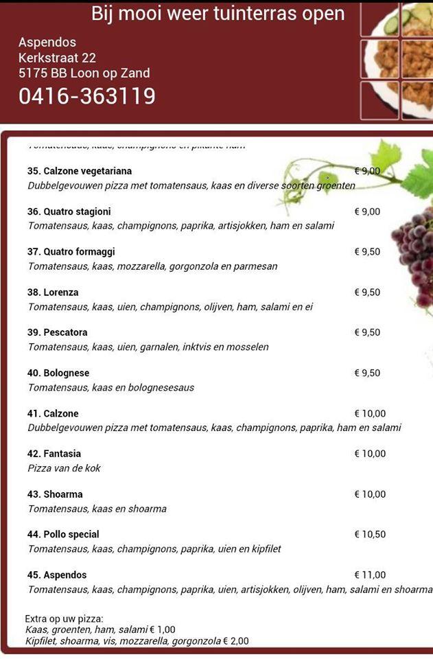 Menu at Aspendos pizza en grillroom, Loon op Zand