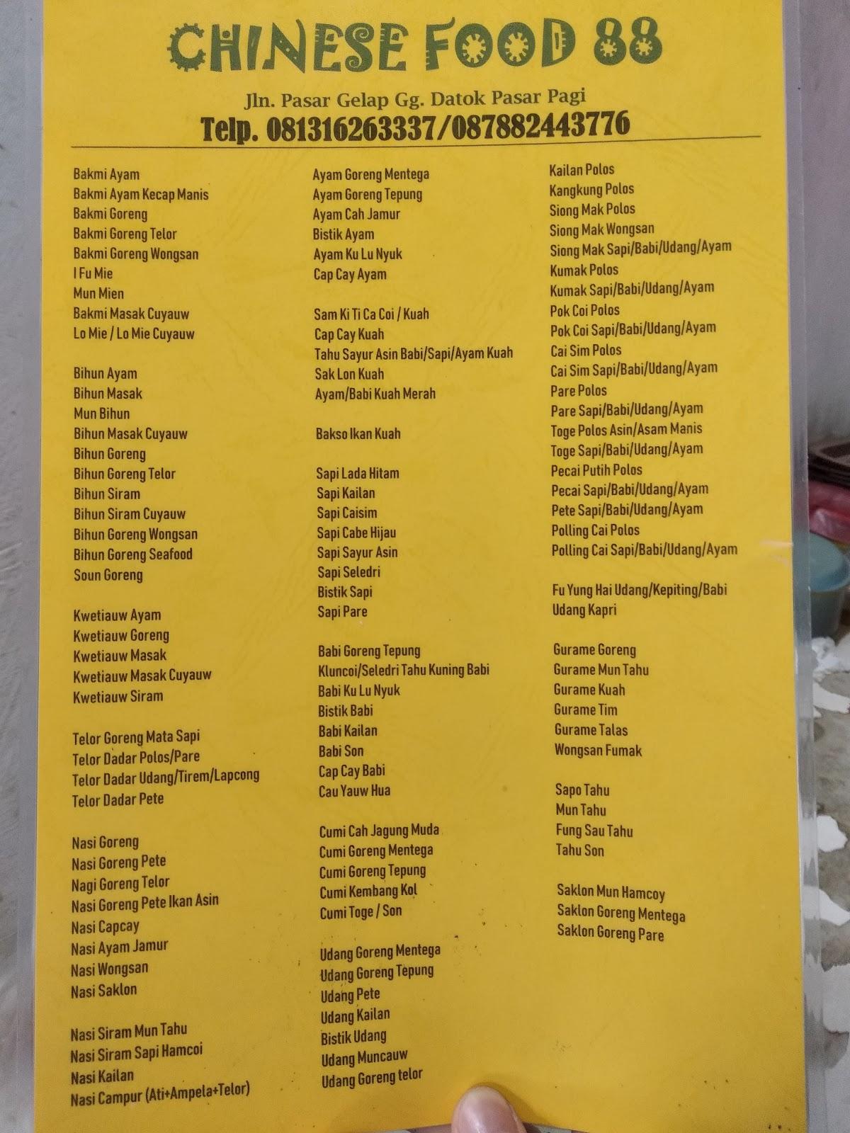 Menu at Chinese Food 88 restaurant, West Jakarta, Jalan Gang Cahio No.20 7