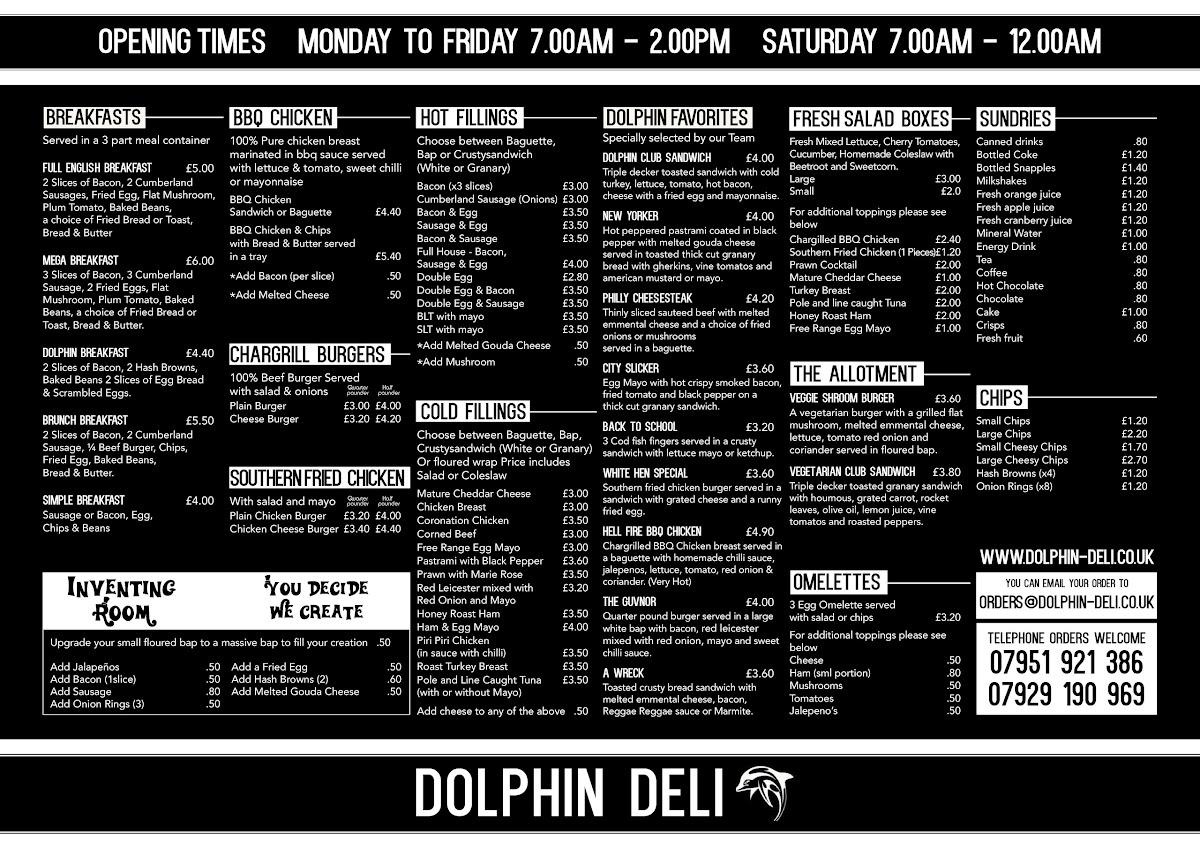 Menu at Dolphin Deli cafe, Crawley