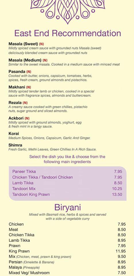 Menu at East End Balti restaurant, Shifnal