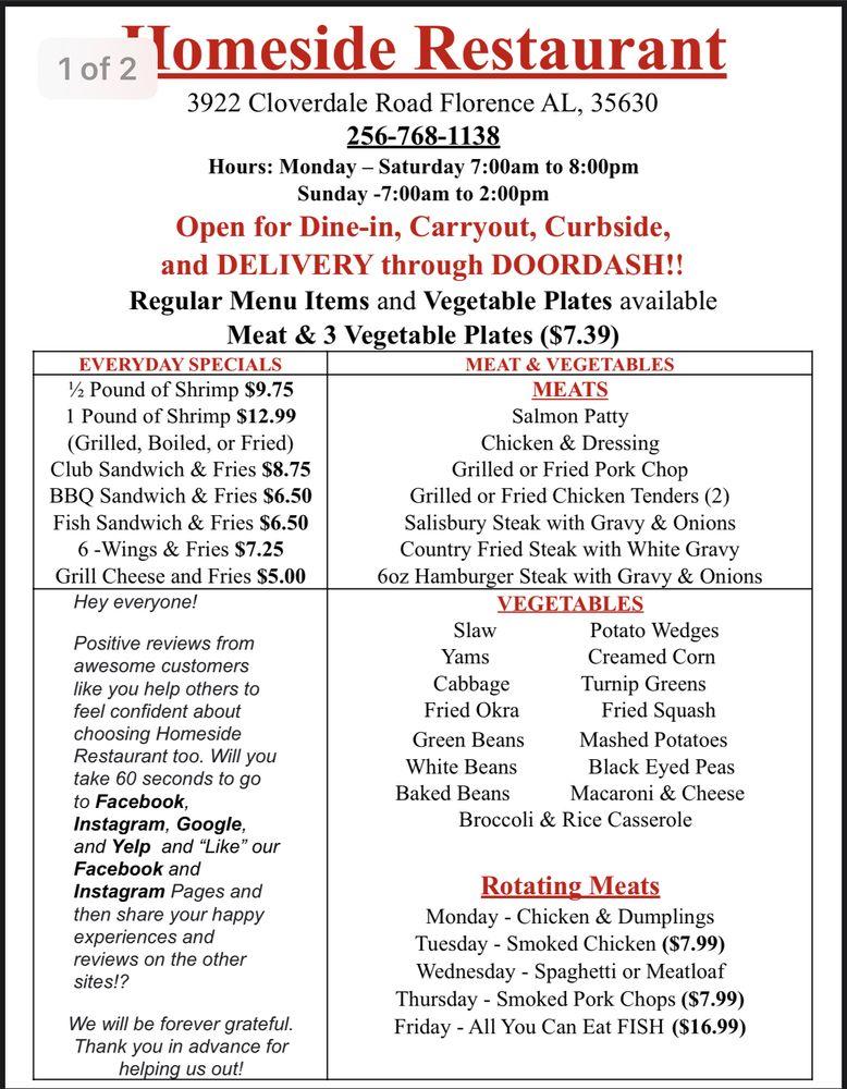 Menu at Homeside Restaurant - Cloverdale Rd., Florence, Cloverdale Rd