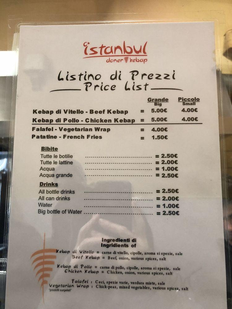 Menu at Istanbul Doner Kebap restaurant, Florence