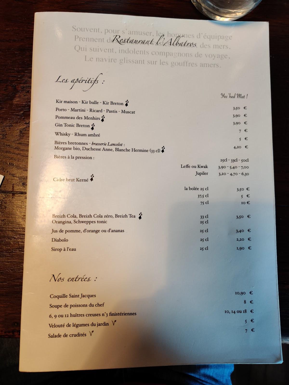Menu at L'albatros restaurant, Audierne