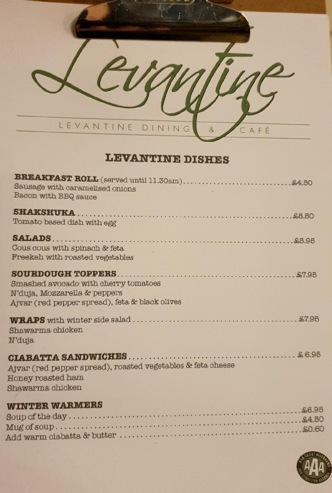 Menu at Levantine Wimborne cafe, Wimborne Minster