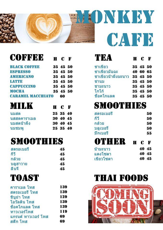 Menu at Monkey Cafe, Si Maha Phot